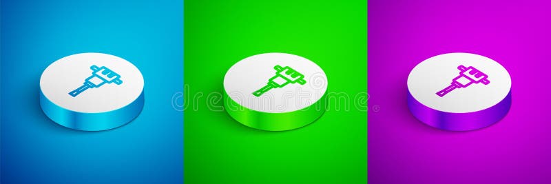Isometric Line Construction Jackhammer Icon Isolated on Blue, Green and Purple Background. White ...