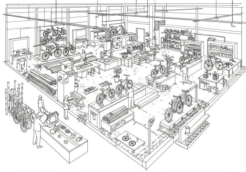 Isometric Line Drawing of a Bicycle Workshop Interior. Several ...