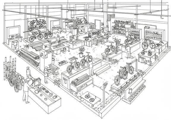 Isometric Line Drawing of a Bicycle Workshop Interior. Several ...