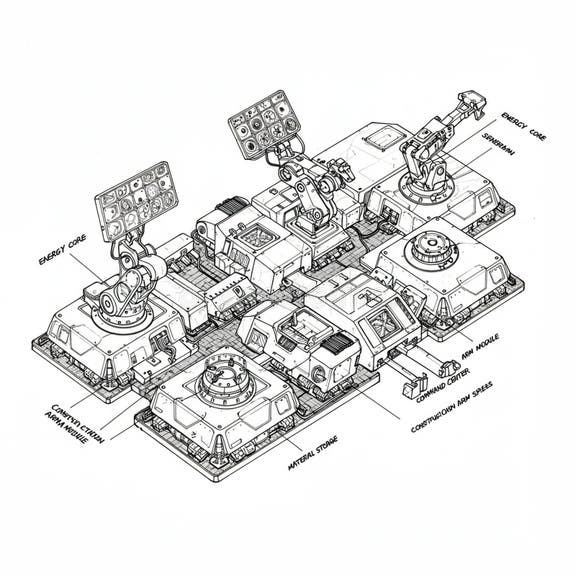 Isometric Line Drawing of an Intricate Machine Design. Features ...