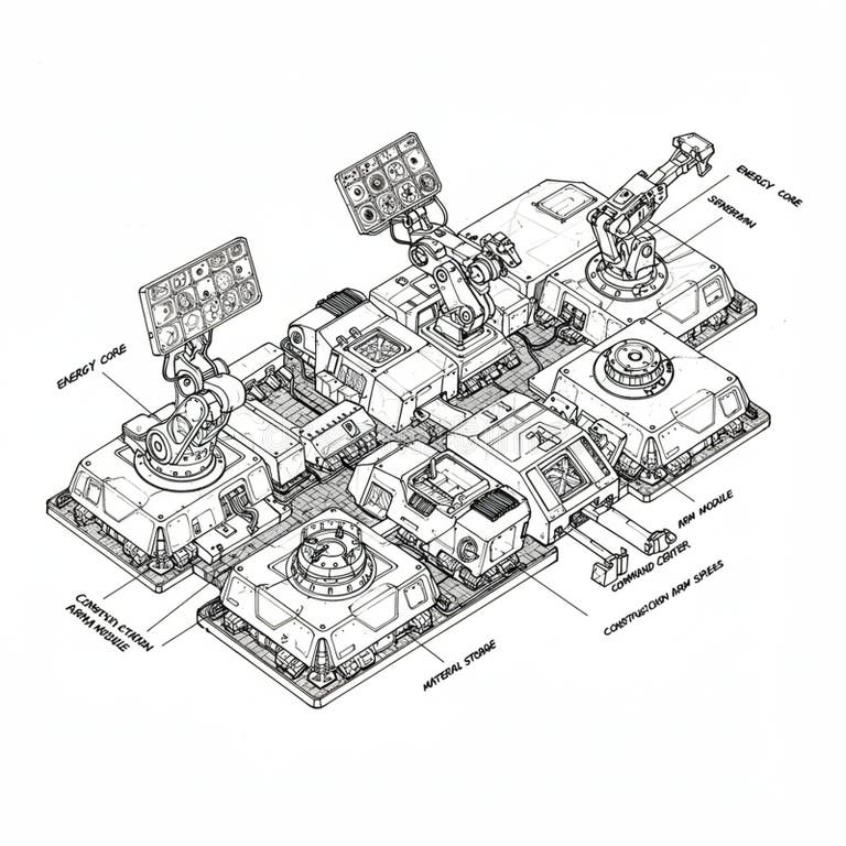 Isometric Line Drawing of an Intricate Machine Design. Features ...