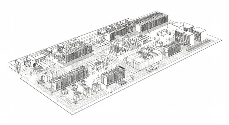 Isometric Line Drawing of a Large Data Center Layout, Featuring Rows of ...