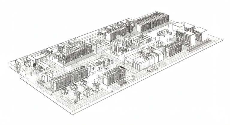 Isometric Line Drawing of a Large Data Center Layout, Featuring Rows of ...