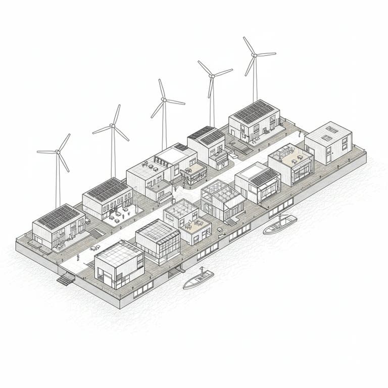 Isometric Line Drawing of a Modern Floating Community, Featuring ...