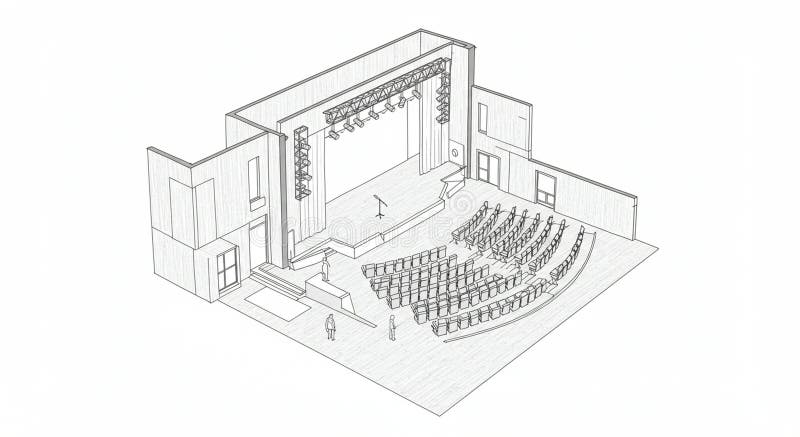 Isometric Line Drawing of a Theater Auditorium. Features Include a ...