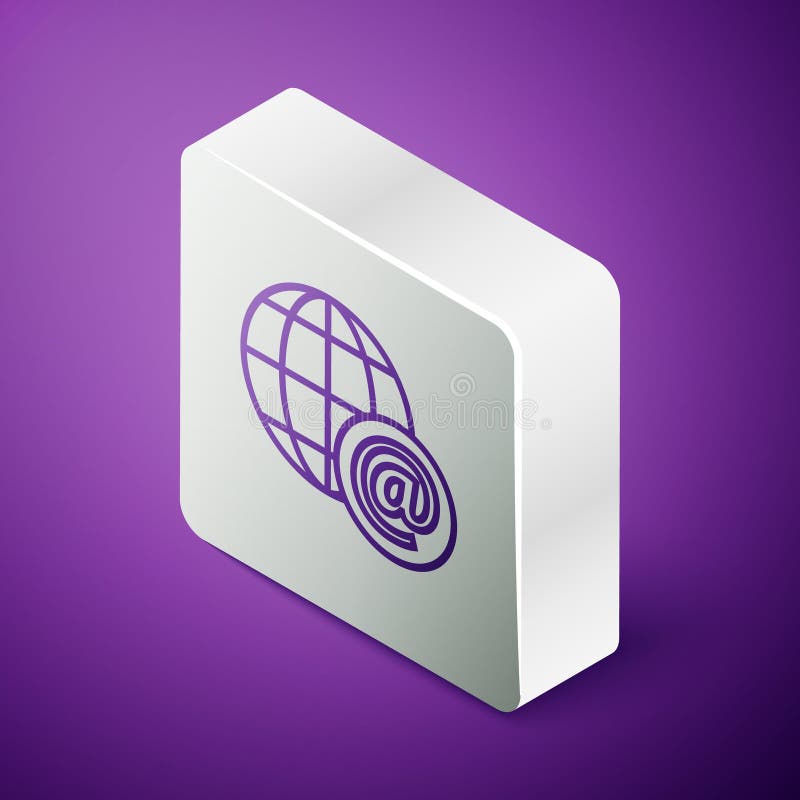 Isometric Line Earth Globe with Mail and E-mail Icon Isolated on Purple ...