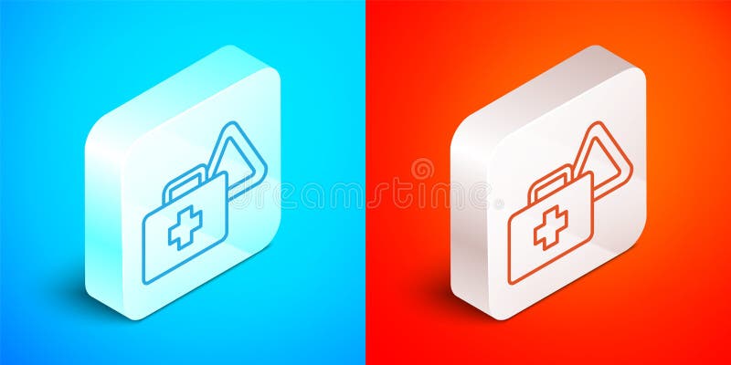 Isometric Line First Aid Kit and Warning Triangle Icon Isolated on Blue ...