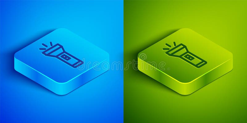 Isometric Line Flashlight Icon Isolated on Blue and Green Background ...