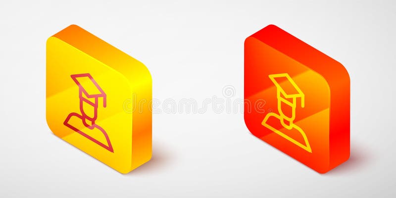 Isometric Line Graduate and Graduation Cap Icon Isolated on Grey ...