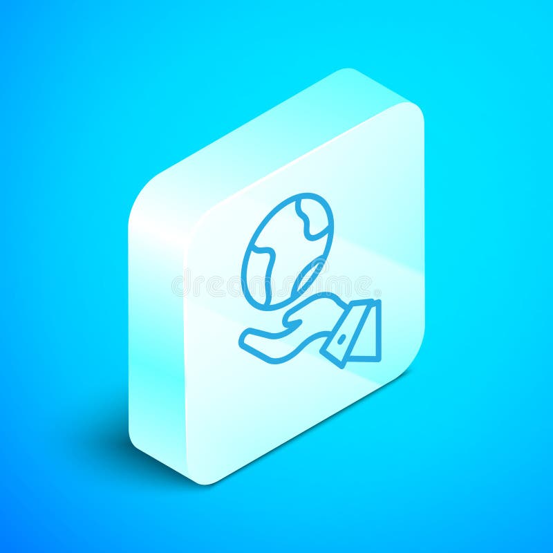 Isometric Line Human Hands Holding Earth Globe Icon Isolated On Blue