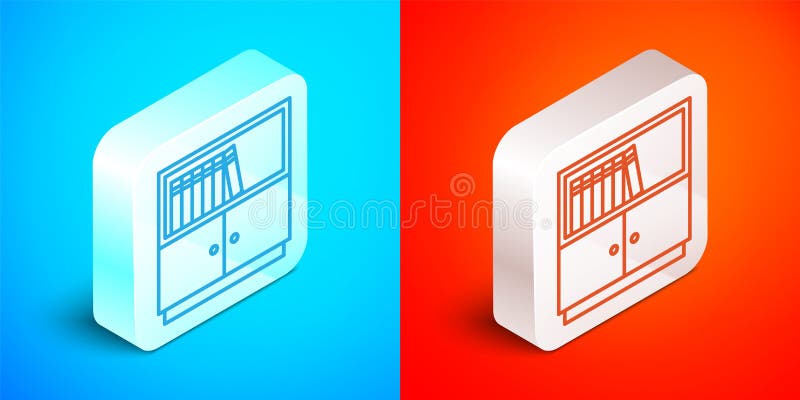 Isometric Line Library Bookshelf Icon Isolated on Blue and Red ...