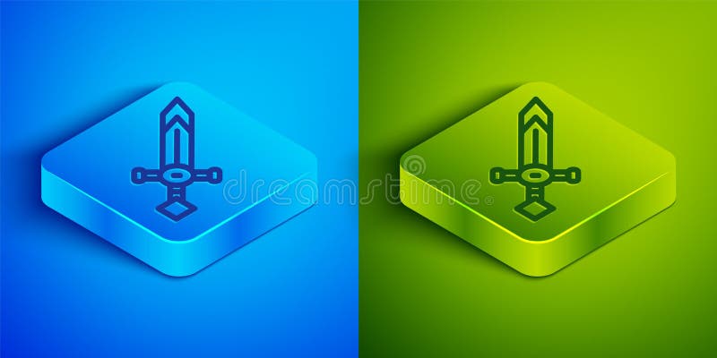 Isometric Line Medieval Sword Icon Isolated on Blue and Green ...