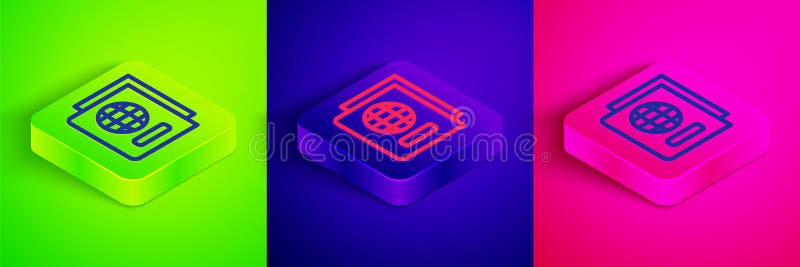 Isometric Line Passport With Biometric Data Icon Isolated On Green