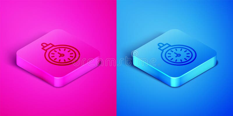 Isometric Line Pocket Watch Icon Isolated on Pink and Blue Background ...