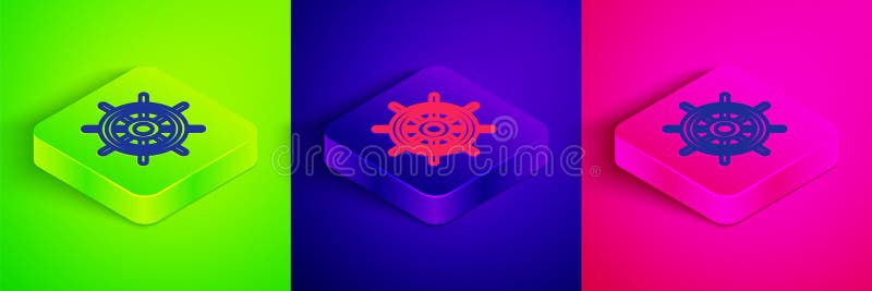 Isometric Line Ship Steering Wheel Icon Isolated on Green, Blue and ...