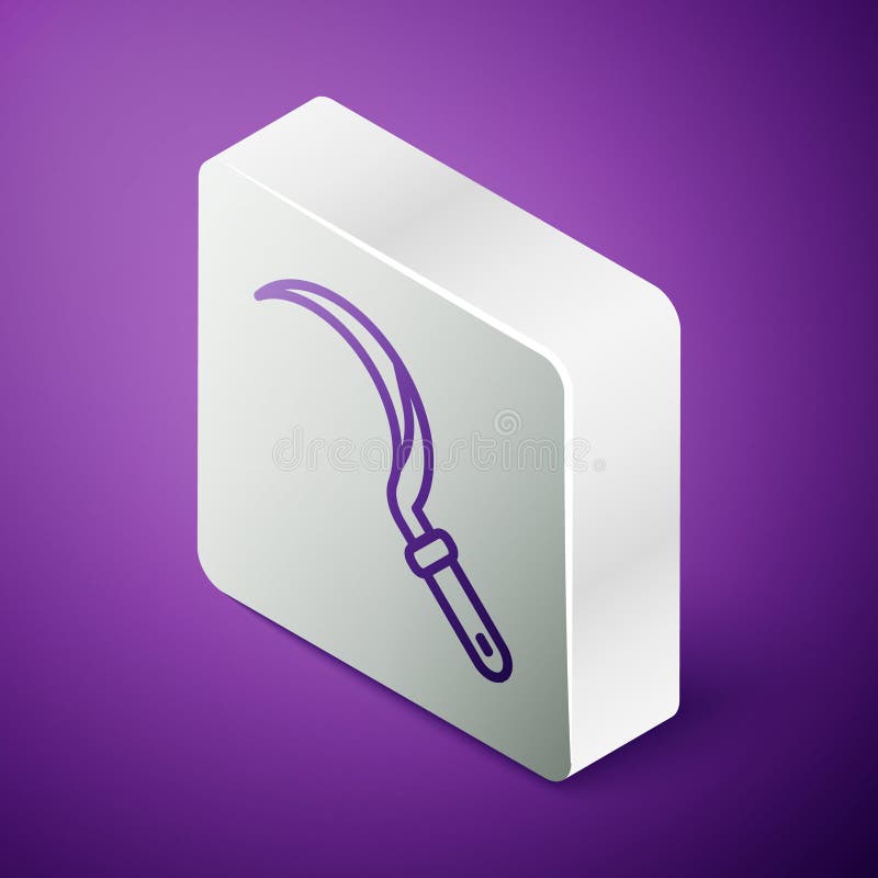 Isometric Line Sickle Icon Isolated on Purple Background. Reaping Hook ...