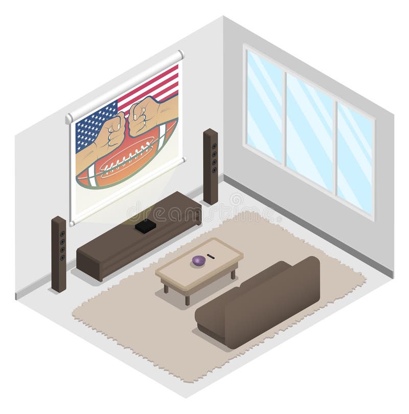 Isometric Living Room Home Theater With Speakers And Projector Screen