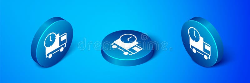 Isometric Logistics Delivery Truck and Time Icon Isolated on Blue ...