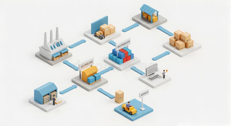 Isometric Logistics Network Diagram with Manufacturing, Distribution ...