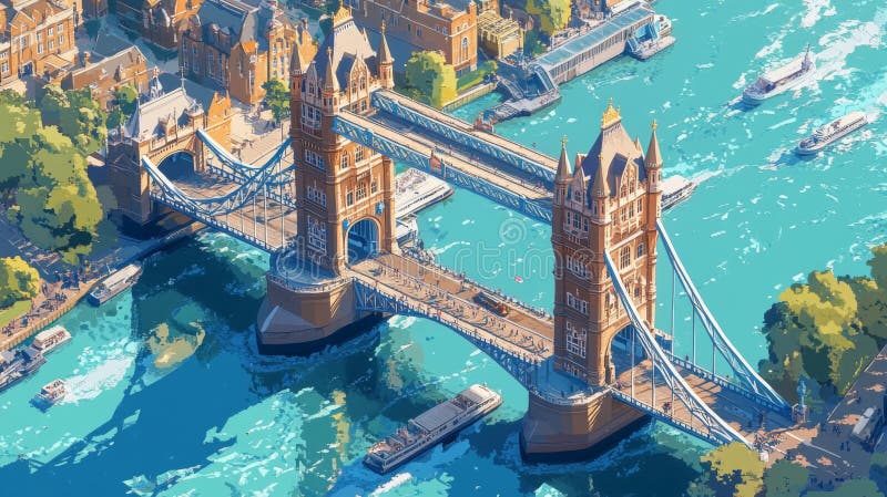 An Isometric London Tower Bridge, Open, Vibrant City Scene Stock ...