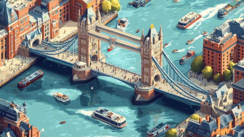 An Isometric London Tower Bridge, Open, Vibrant City Scene Stock ...