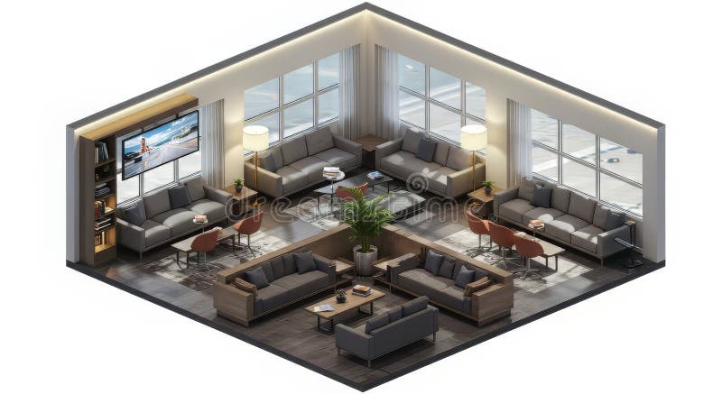 Isometric Lounge Area with Sofas Tables and Large Windows Illustration ...