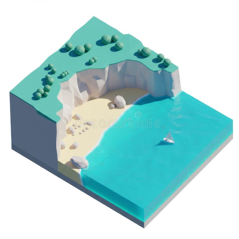 Isometric Low Poly Beach Scene with Sailboat Stock Illustration ...