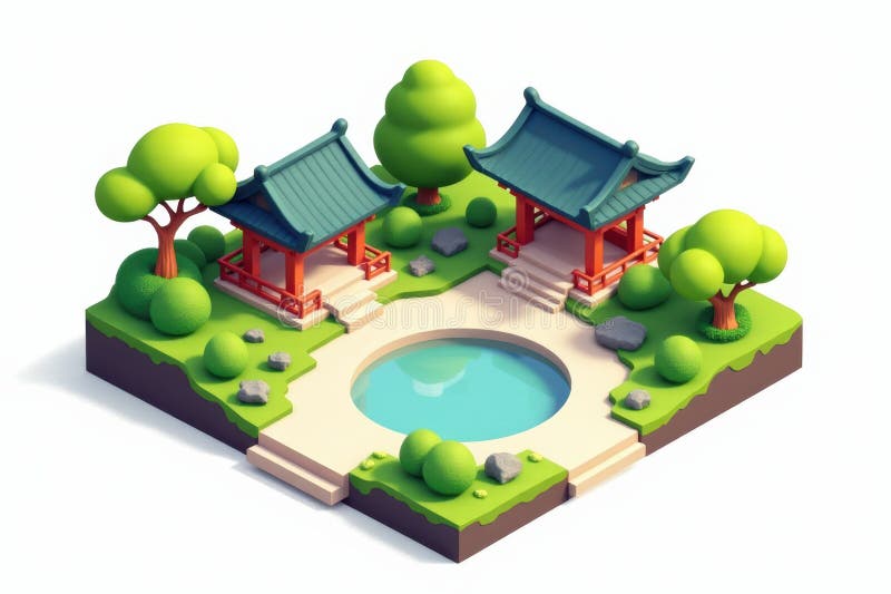 Isometric Low Poly Chinese Garden with Pavilions and Pond Stock ...