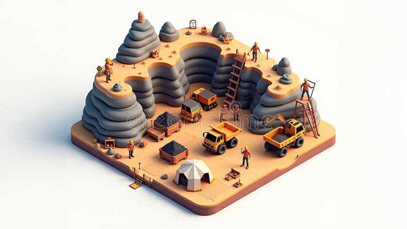 Isometric Low Poly 3D Render of Desert Mining Operation Stock ...