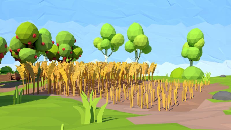 Isometric Low Poly Field, 3D Rendering Stock Illustration ...