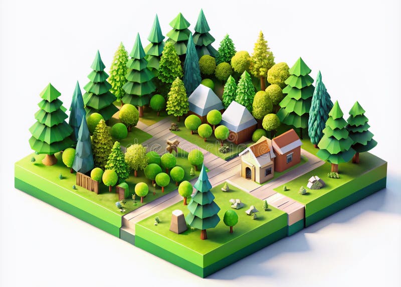 Isometric Low-Poly Forest Scene: Vibrant Architecture and Flora Design ...