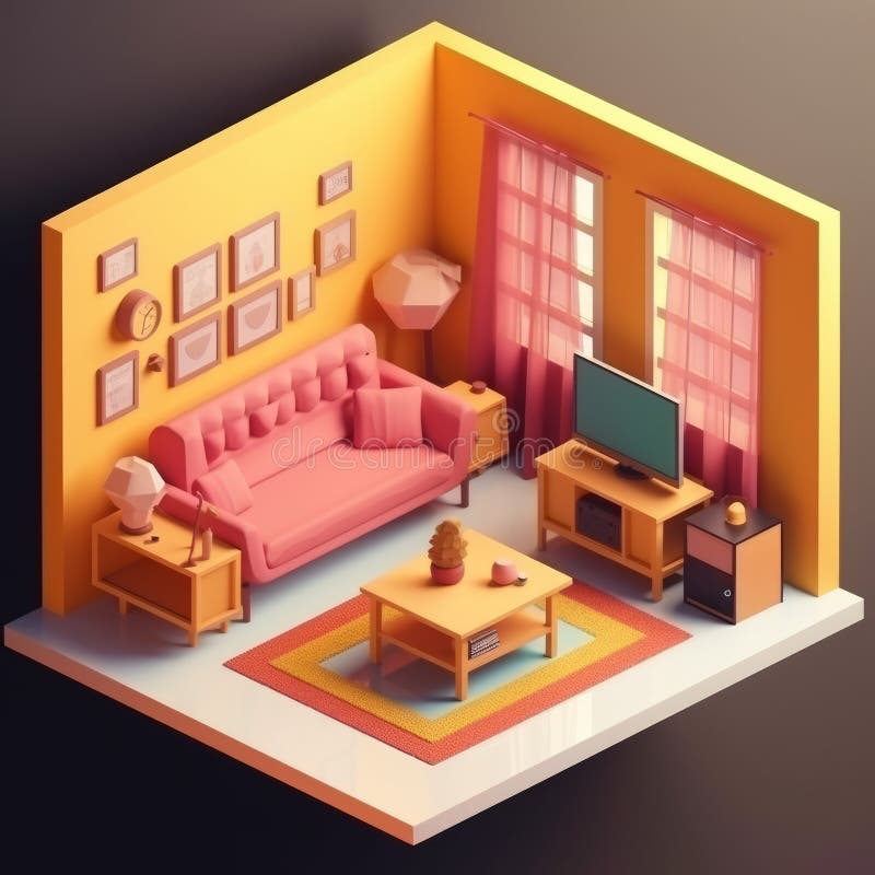 Isometric Low-poly Living Room Design in 3D Illustration, Featuring a ...