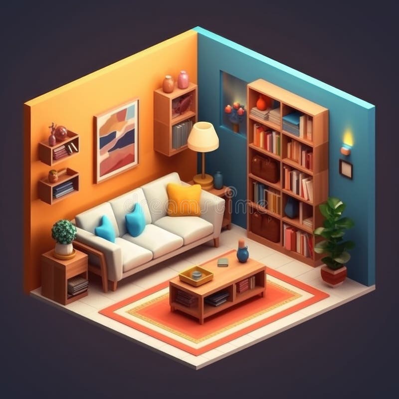 Isometric Low Poly Living Room . Isometric Living Room Interior Stock ...