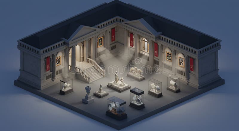 Isometric Low Poly Museum Scene at Night with Classical Sculptures and ...