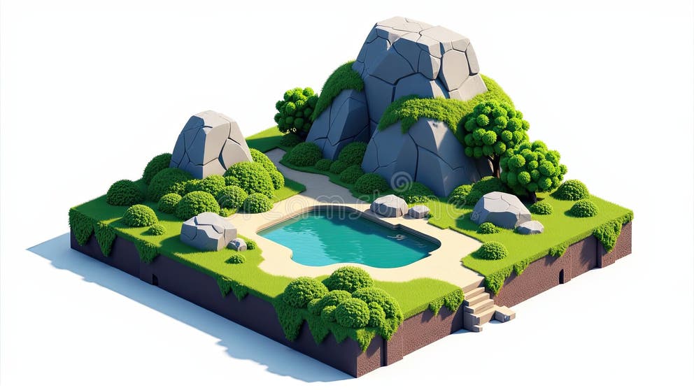 Isometric Low Poly Oasis with Pool, Rocks, and Lush Greenery Stock ...
