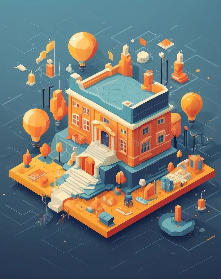 Isometric Low-Poly Vector of School Building with Floating Books and ...