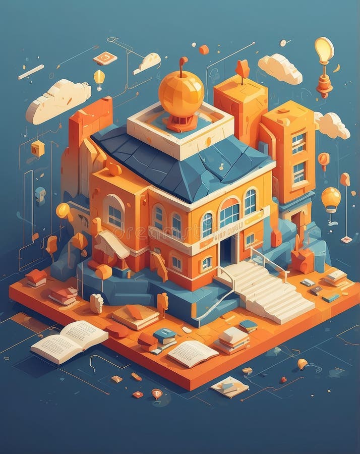 Isometric Low-Poly Vector of School Building with Floating Books and ...