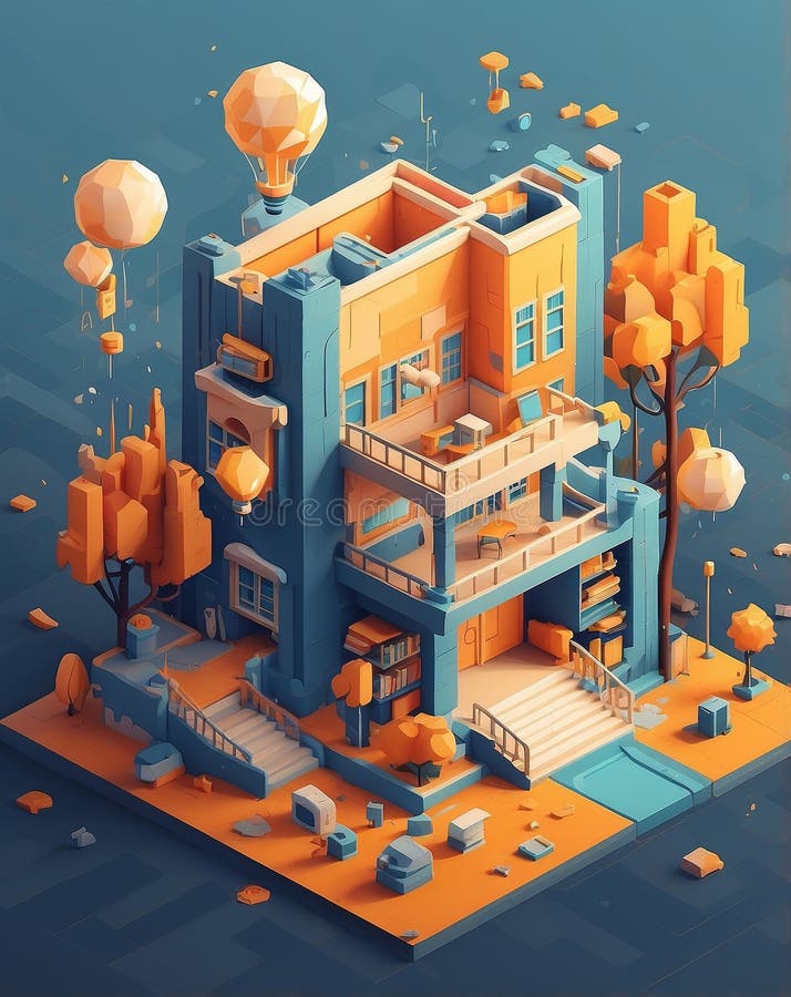 Isometric Low-Poly Vector of School Building with Floating Books and ...