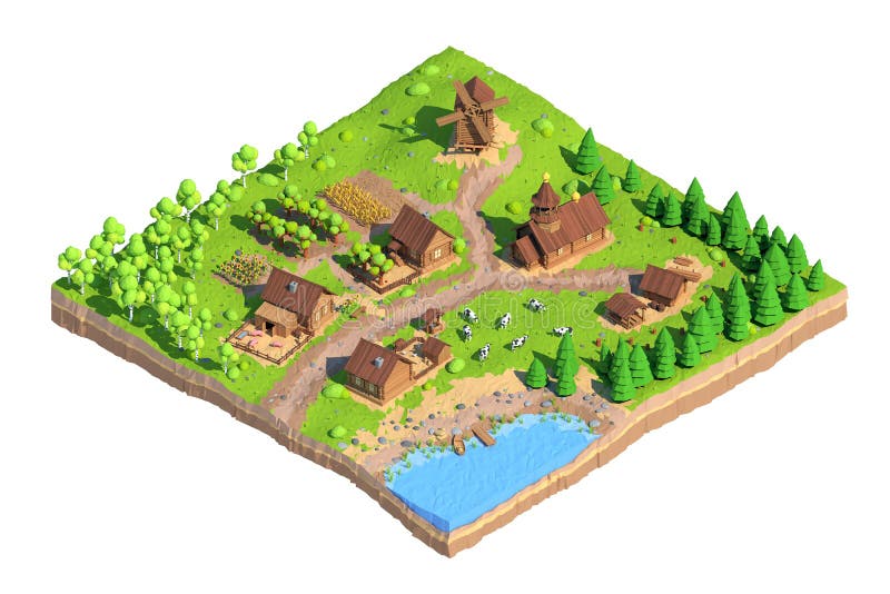 Isometric Low Poly Village, 3D Rendering, Cartoon Stock Illustration ...