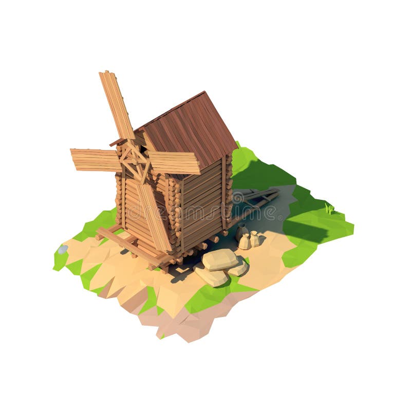 Isometric Low Poly Windmill, 3D Rendering Stock Illustration ...