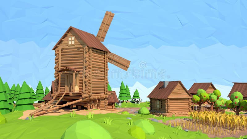 Isometric Low Poly Windmill, 3D Rendering Stock Illustration ...