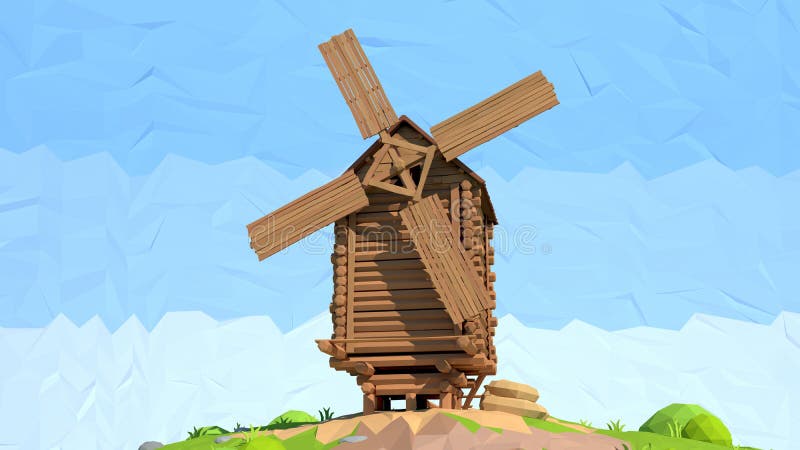Isometric Low Poly Windmill, 3D Rendering Stock Illustration ...