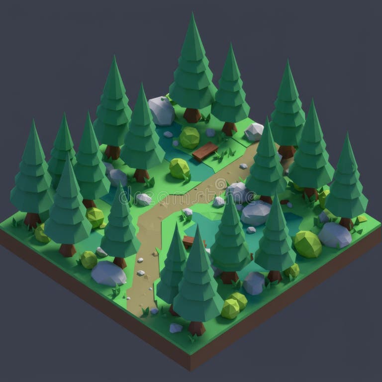 Isometric Lowpoly Forest Scene with Winding Path Stock Illustration ...