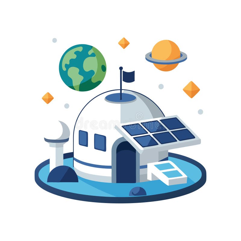 Isometric Lunar Base Illustration with Planets and Asteroids in Space ...