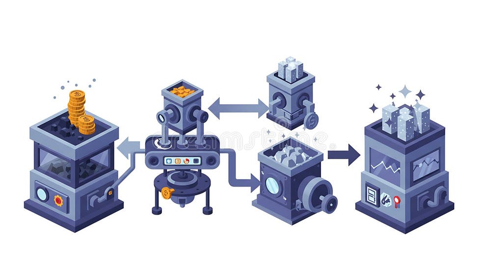 Isometric Machine Process Coin To Building Stock Illustration ...