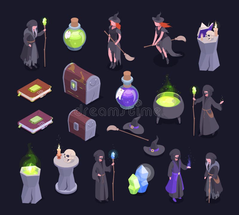 Isometric Magic Wizard and Witch Characters, Witchcraft Magician and ...