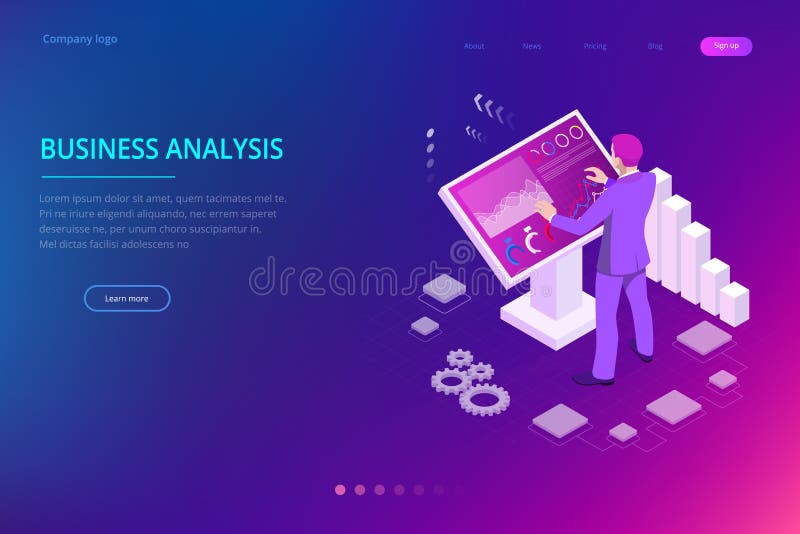 Isometric Male in Front of the Big Screen for Data Analysis. Statistics ...