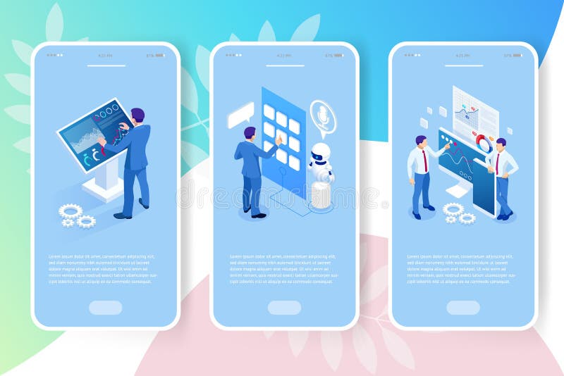 Isometric Male in Front of the Big Screen for Data Analysis. Statistics ...