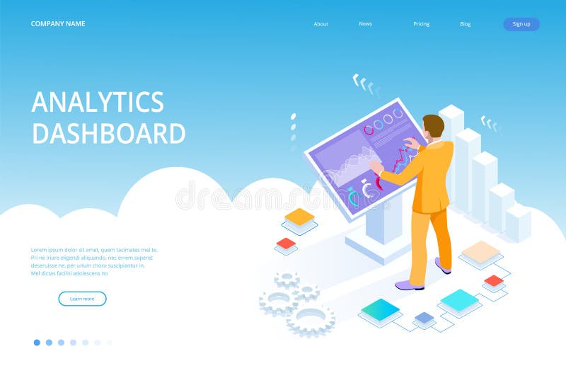 Isometric Male in Front of the Big Screen for Data Analysis. Statistics ...