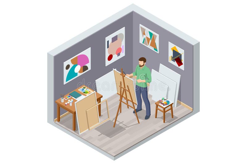 Isometric Male Painter Drawing in Art Studio Using Easel. Painting ...